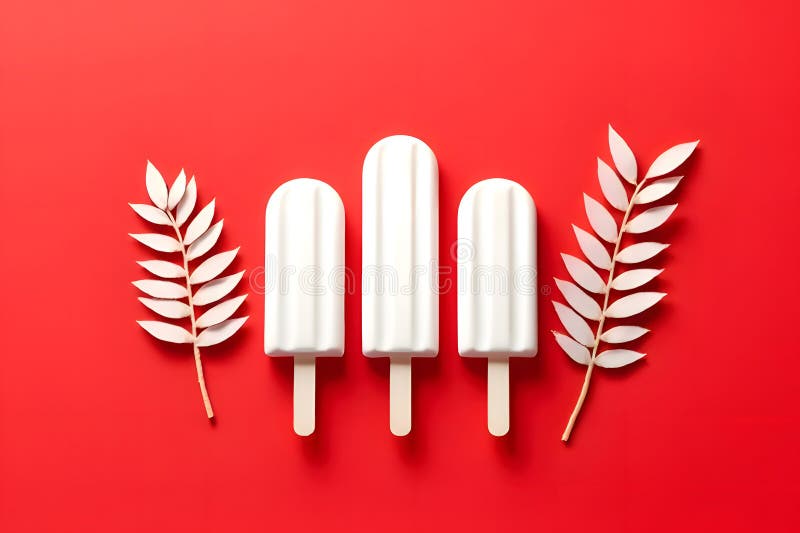 White Popsicles on a Red Background, Surrounded by Green Coconuts and ...