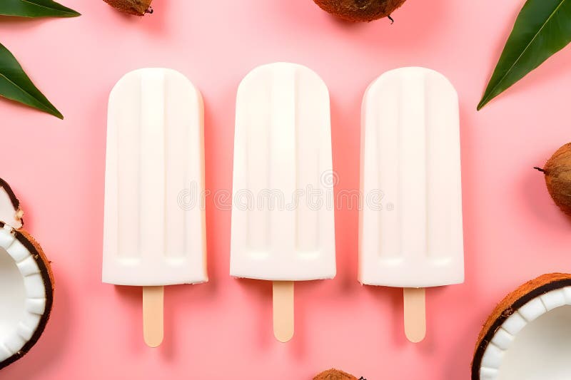 White Popsicles on a Red Background, Surrounded by Green Coconuts and ...