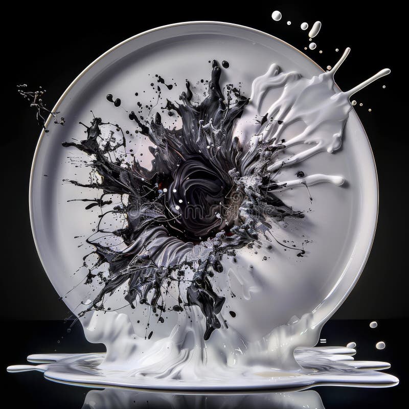 A White Porcelain Plate with a Splash of Black Liquid, Creating a ...