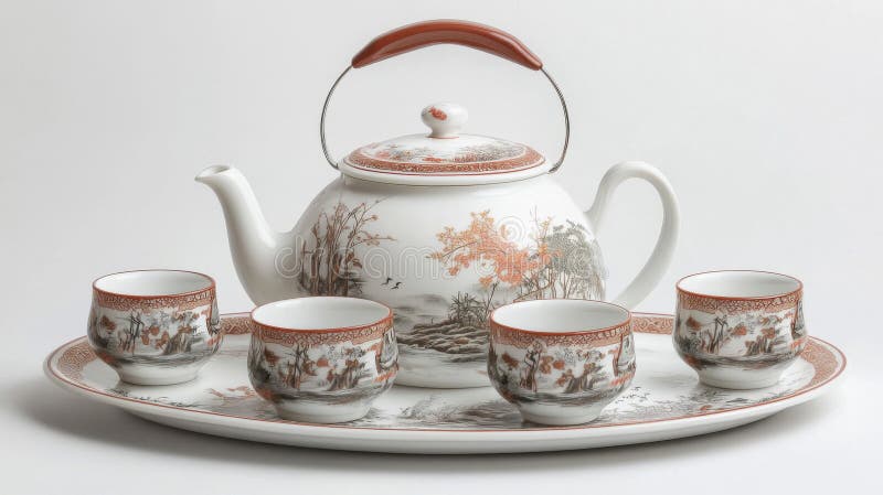 White Porcelain Tea Set with Landscape Design Stock Illustration ...