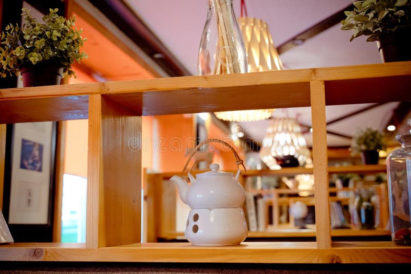 White Porcelain Tea Set on a Wooden Shelf. Tea or Coffee Time. White ...