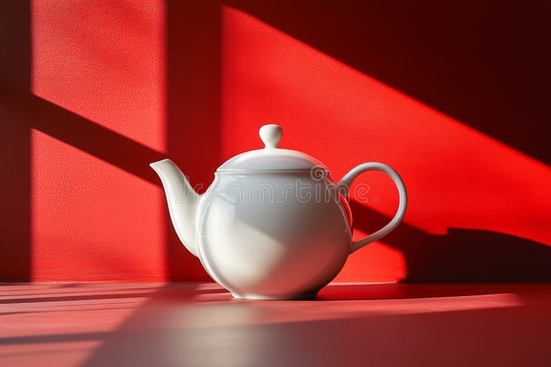 White Porcelain Teapot Standing on Red Surface with Window Light ...