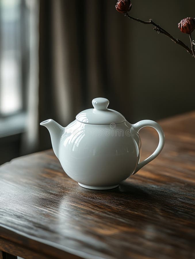 White Porcelain Teapot on a Wooden Table, Cozy Interior Setting. Stock ...