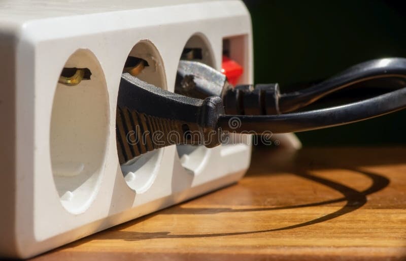 White Portable Electrical Socket on Wooden Table Stock Image - Image of ...