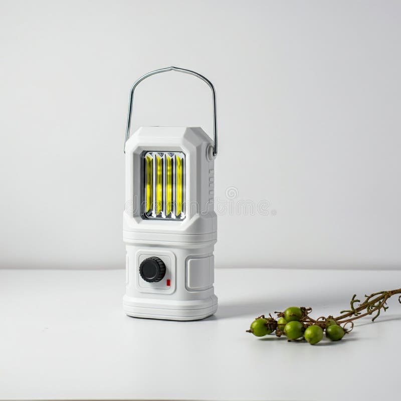 A White Portable LED Lantern with a Handle is Positioned on a Flat ...