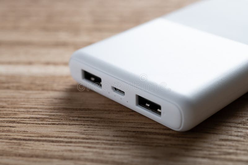 A White Portable Power Bank on a Wood Table Stock Photo - Image of ...