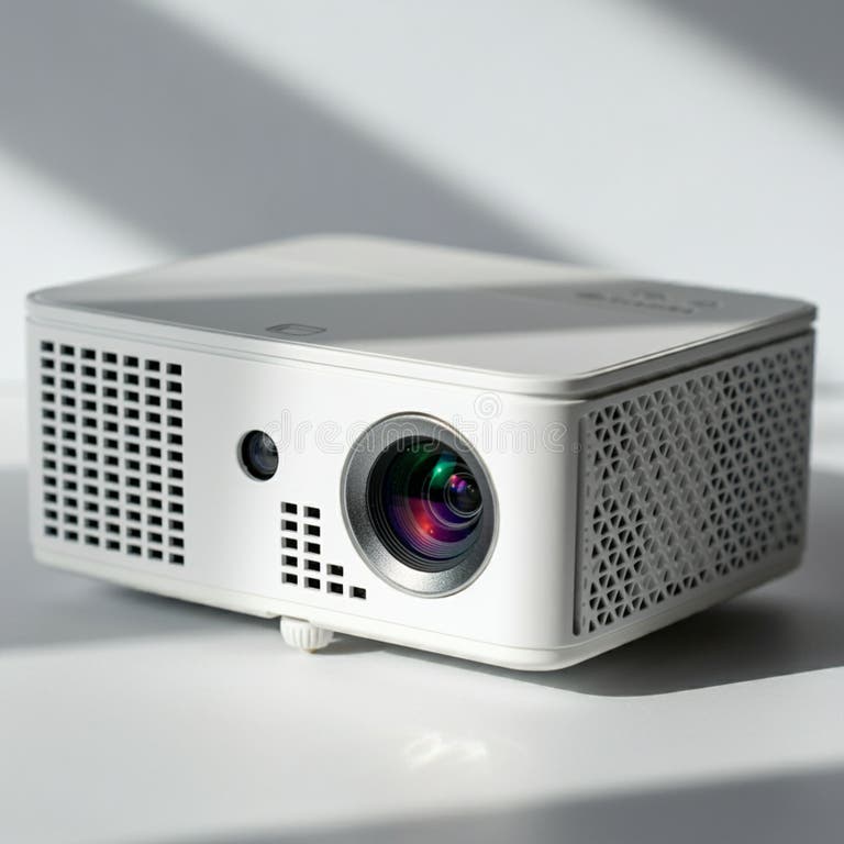White Portable Projector with a Compact, Rectangular Design. Features a ...