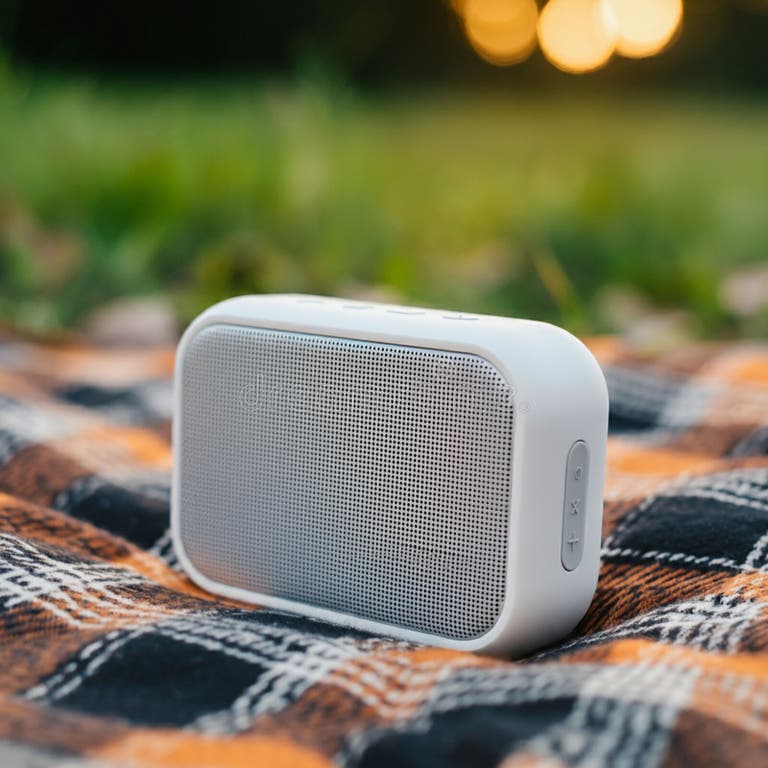 White Portable Speaker with a Rectangular Shape, Smooth Edges, and a ...