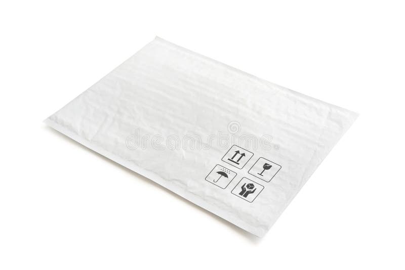 White Postal Package. Plastic Parcel with Fragile Care Sign and Symbol ...
