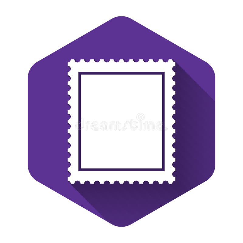 White Postal Stamp Icon Isolated with Long Shadow. Purple Hexagon ...