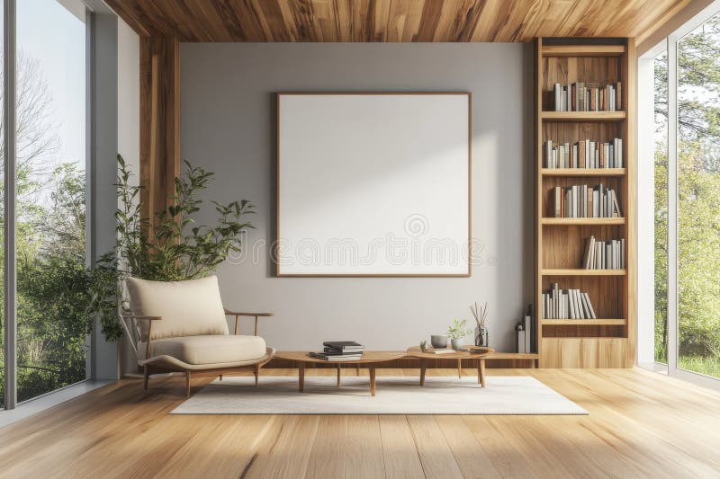 White Poster in an Empty Living Room with a Panoramic Window in the ...