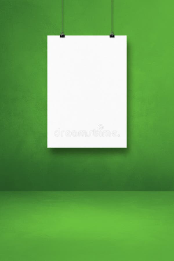 White Poster Hanging on a Green Wall with Clips Stock Illustration ...
