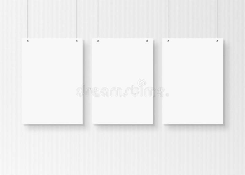 White Poster Isolated Hanging by Strings on Wall Mockup 3D Rendering ...