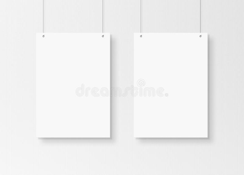 White Poster Isolated Hanging by Strings on Wall Mockup 3D Rendering ...