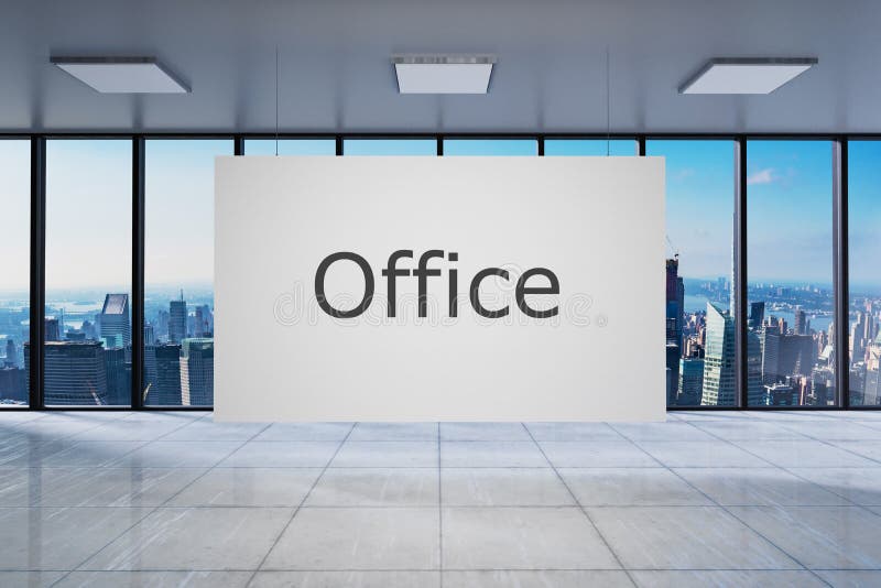 White Poster in Large Modern Empty Office with Skyline View 3D ...