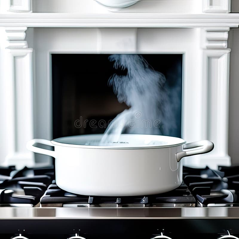 White Pot With Boiling Water On The Gas Stove In The Kitchen Stock