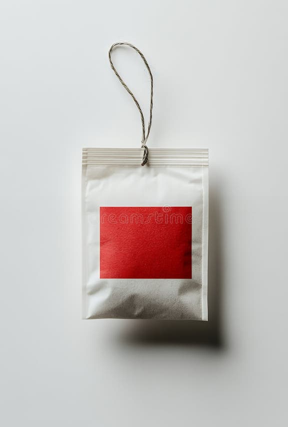 A White Pouch with a Red Square Label and a String Tie Stock ...