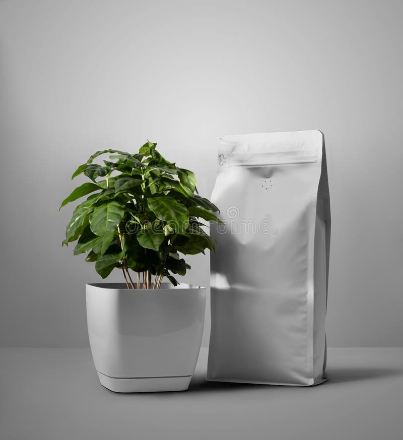 White Pouch Template with Valve, Arabica Plant in a Pot, Blank Zip ...