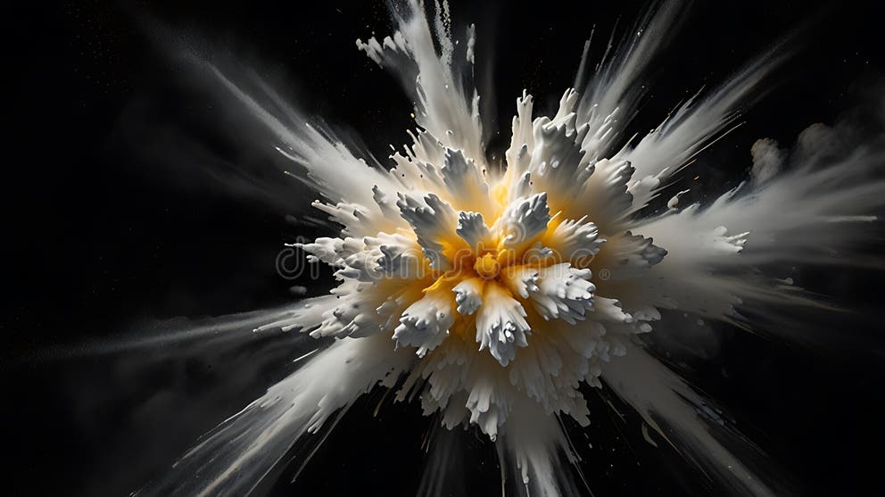 White Powder Explosion with Yellow Core Frozen Mid Air Over Black ...