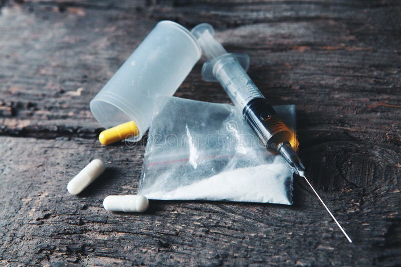White Powder, Capsules and Syringe on the Table Stock Image - Image of ...