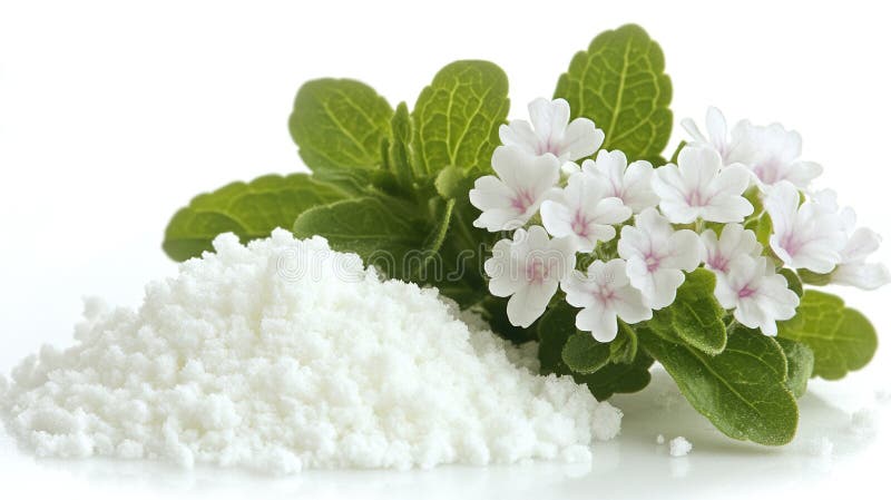 White Powder Herbal Supplement with Flowers and Leaves on White ...