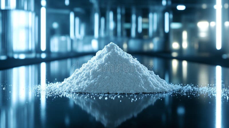 White Powder Pile on Black Surface in Industrial Setting Stock Image ...