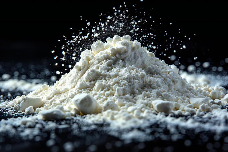 The White Powder Pile is Isolated on a Black Background, in a Front ...