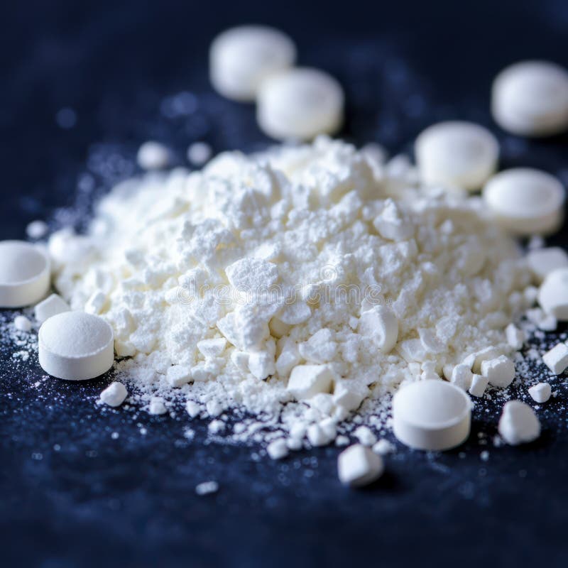 White Powder and Tablets Scattered on a Dark Surface in Soft Lighting ...