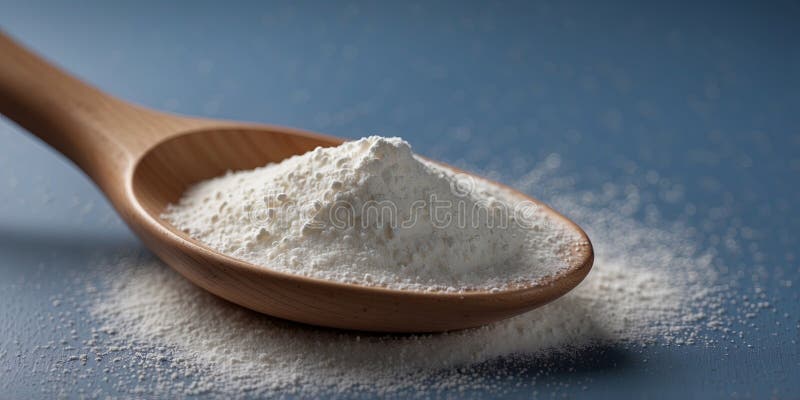 White Powder on a Wooden Spoon on Blue Background. Stock Illustration ...