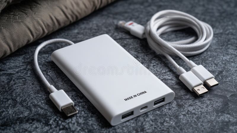 White Power Bank with Made in China Inscription, USB Cables on Textured ...