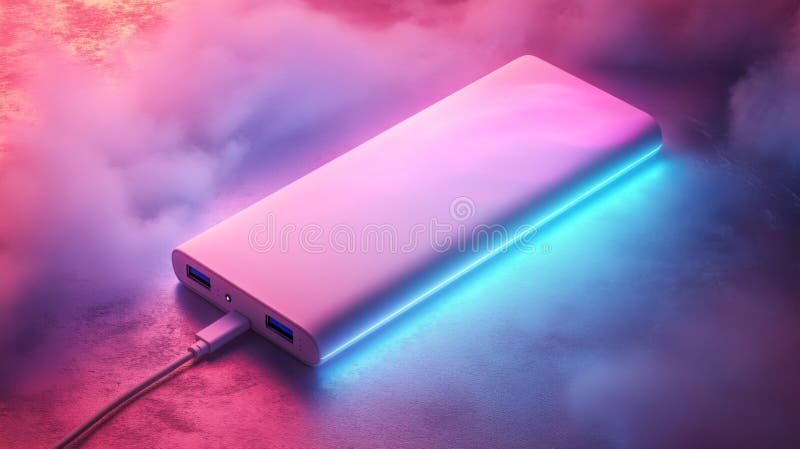 White Power Bank with Neon Lights on Textured Surface Stock ...