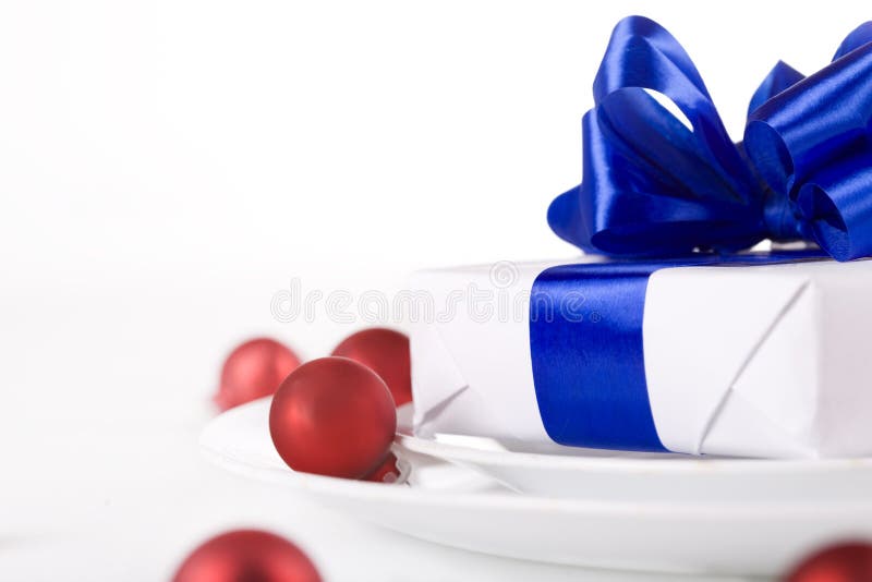 White Present with Blue Ribbons Stock Photo - Image of design, table ...