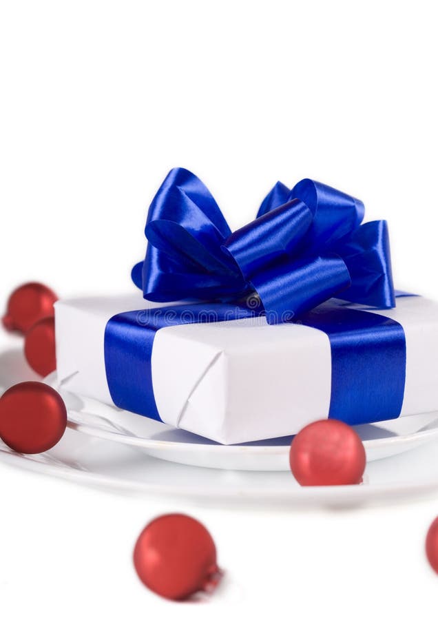 White Present with Blue Ribbons Table Decoration Stock Photo - Image of ...