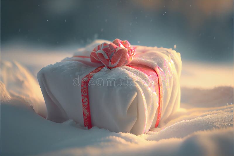 A White Present Box with a Pink Bow on it in the Snow with a Light ...