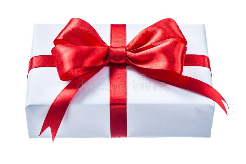 White Present Box with Red Ribbon Isolated on White Stock Photo - Image ...