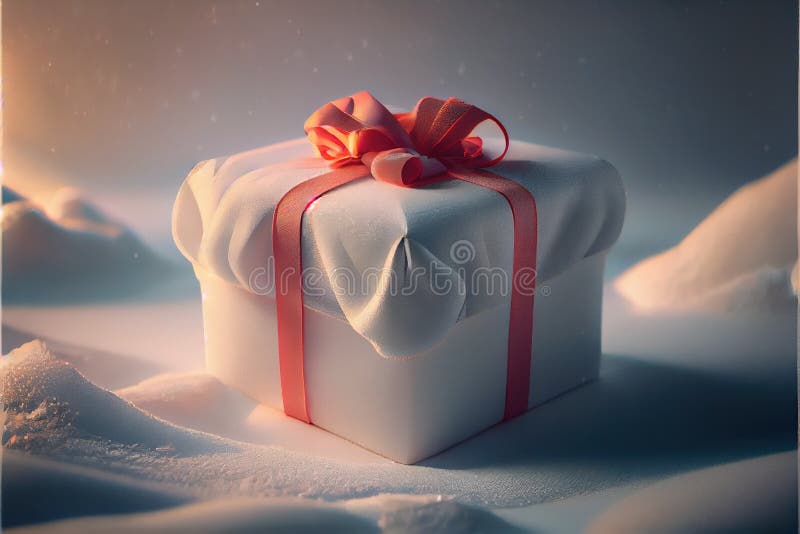 A White Present Box with a Red Ribbon on it in the Snow with Snowflakes ...