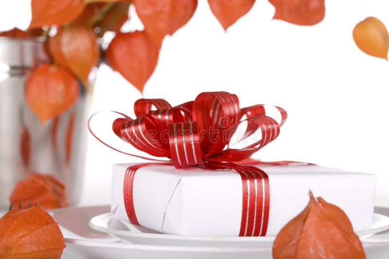 White Present with Red Ribbons on a Dinner Plate Stock Image - Image of ...