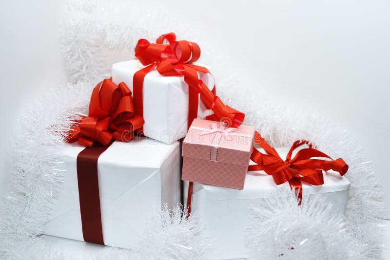 White Presents with Red Ribbons Stock Photo - Image of decoration ...