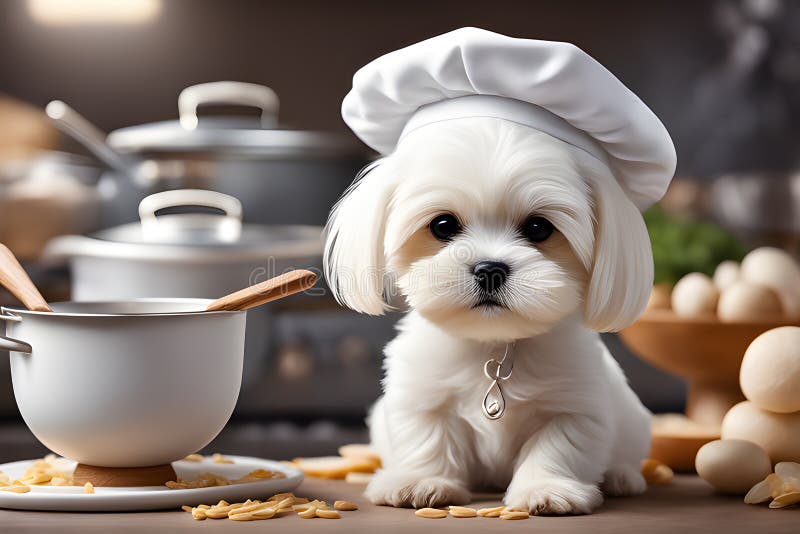 The White Pretty Small Maltese Puppy Cooking Hat Cooking at the Table ...