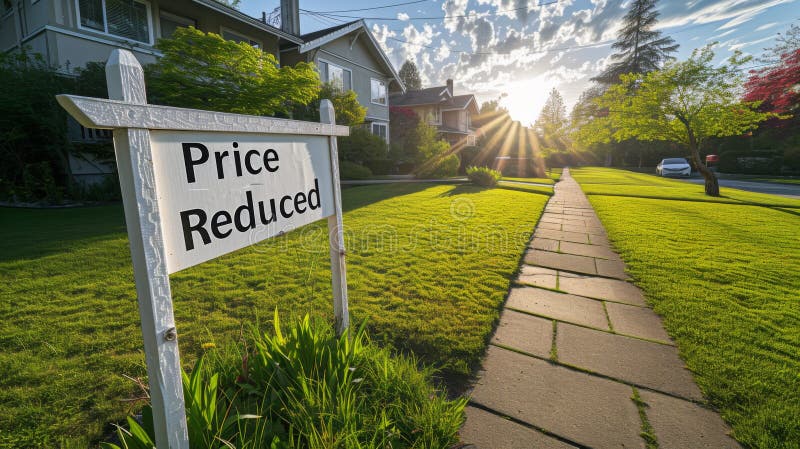 A White Price Reduced Sign in Front of a House, AI Stock Photo - Image ...