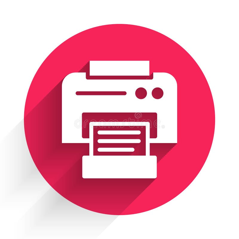 White Printer Icon Isolated with Long Shadow. Red Circle Button Stock ...