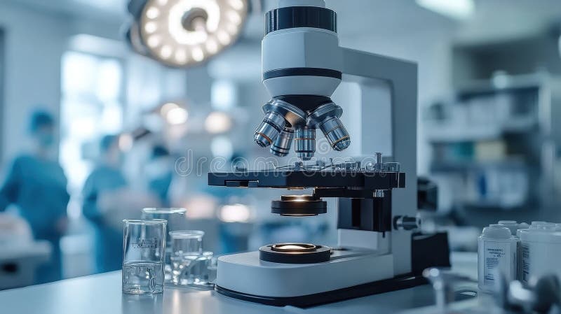 A White Professional Microscope Stands on a Table in a Scientific ...