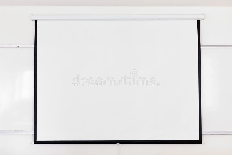 Classroom Interior with Projection Screen, White Board and Wooden Desks ...