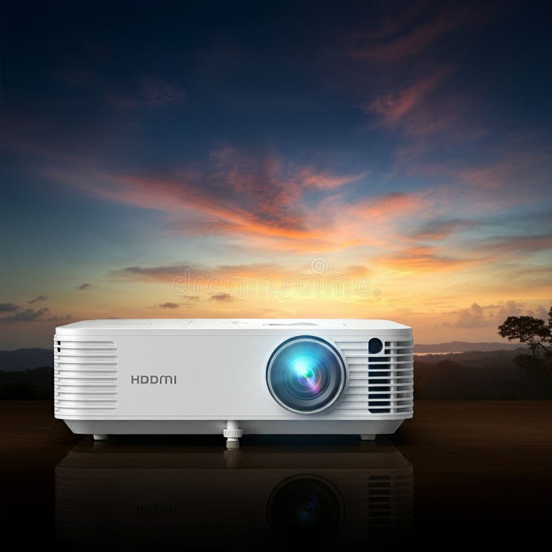 White Projector Labeled "HDMI" on a Flat Surface Against a Vibrant ...
