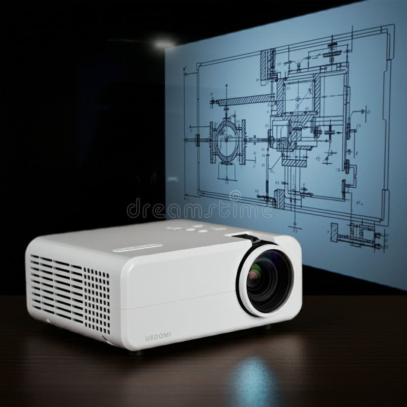 A White Projector is Positioned on a Dark Wooden Surface. it is ...