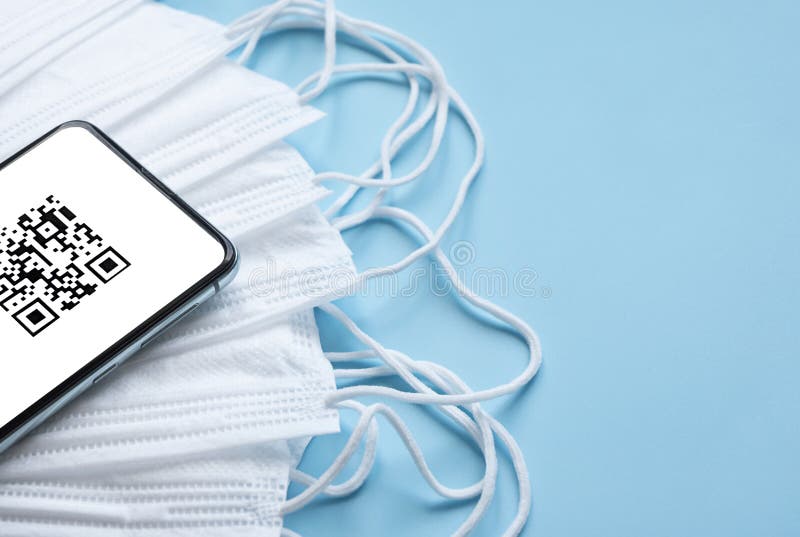 White Protective Face Masks and Phone with Qr Code Stock Photo - Image ...