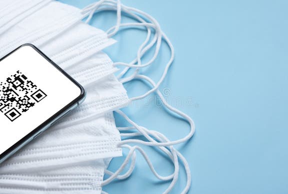 White Protective Face Masks and Phone with Qr Code Stock Photo - Image ...