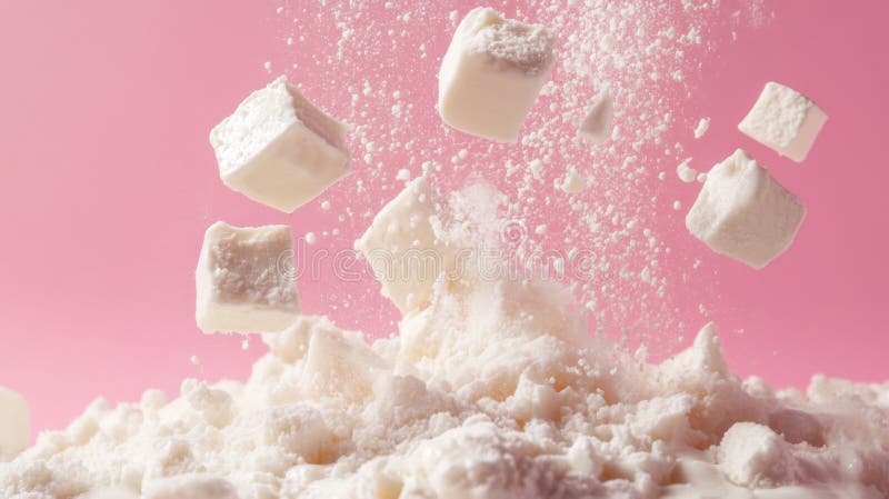 White Protein Cubes Falling Onto Powder on Pink Background Stock ...