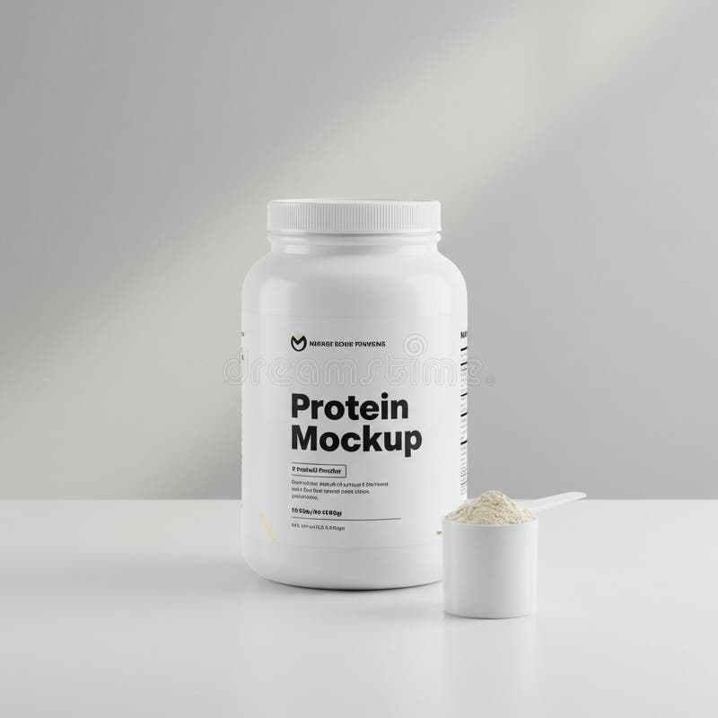 White Protein Powder Container with Black Text Reading "Protein Mockup ...