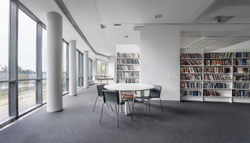White Public Library Reading Room Corner with Table and Blank Wall ...